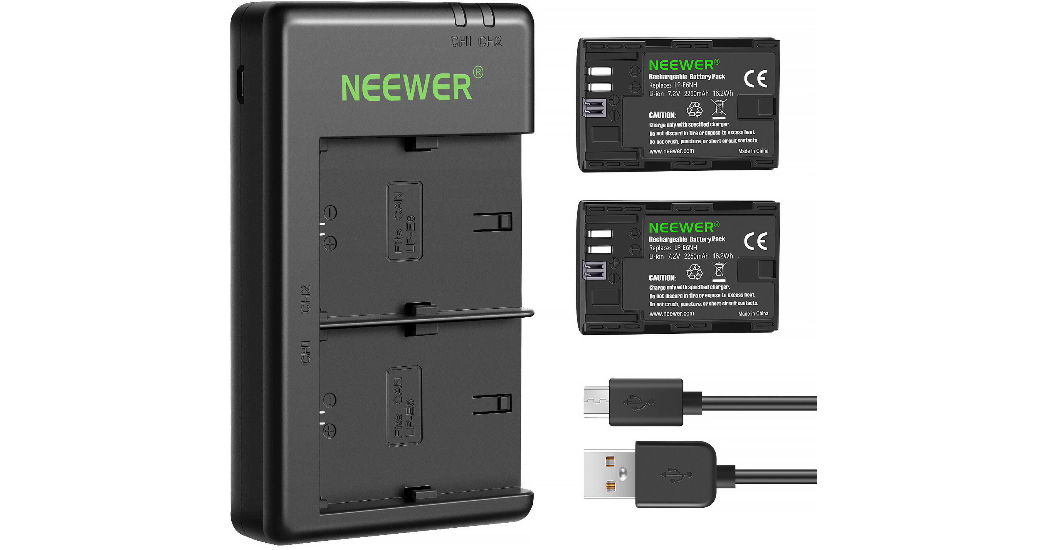 Neewer LP-E6NH Kit with 2 Batteries and 2-Bay USB Charger