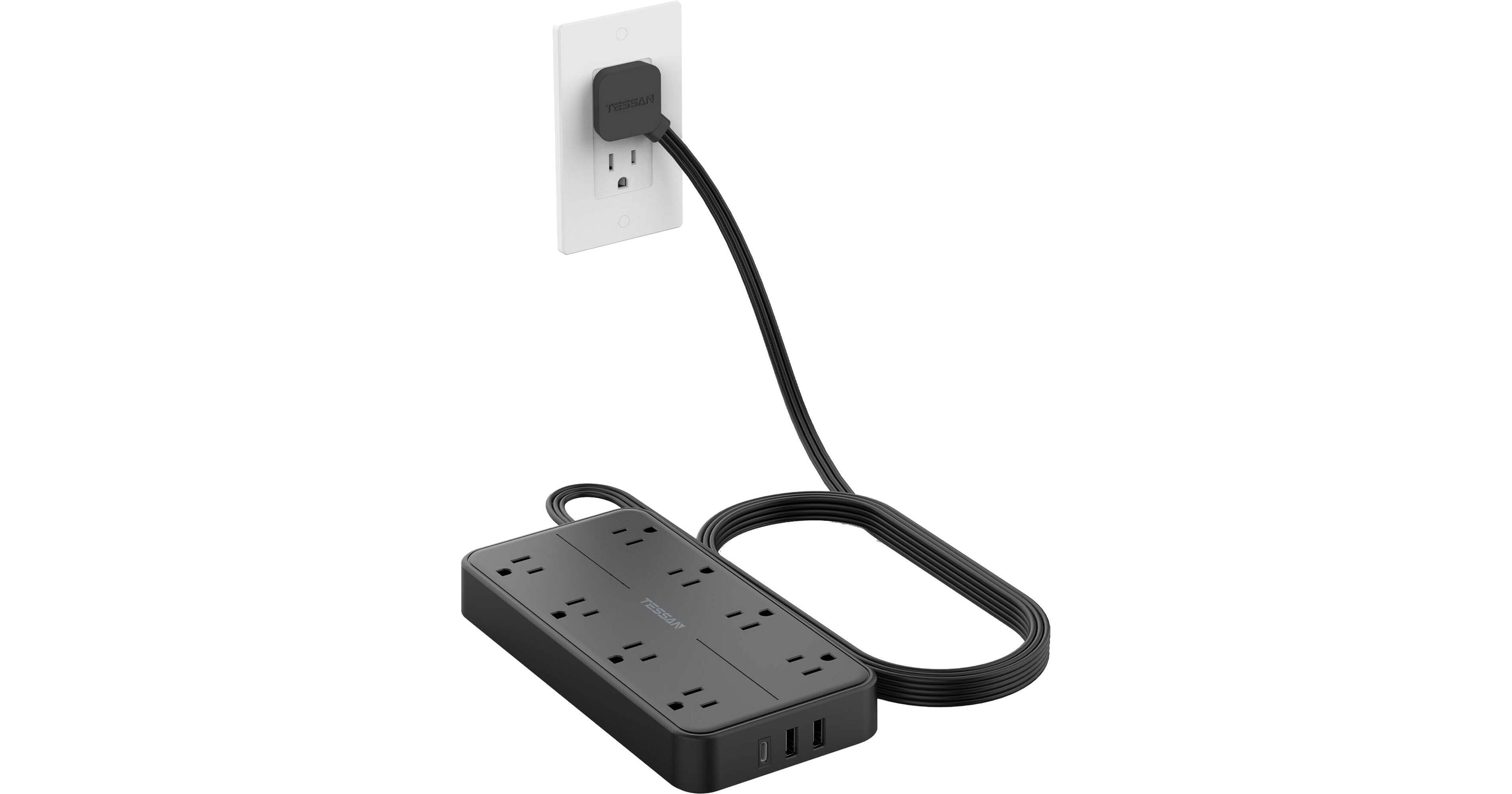 Tessan Surge Protector with Flat Plug, 8 AC Outlets, TS-108-C-BK