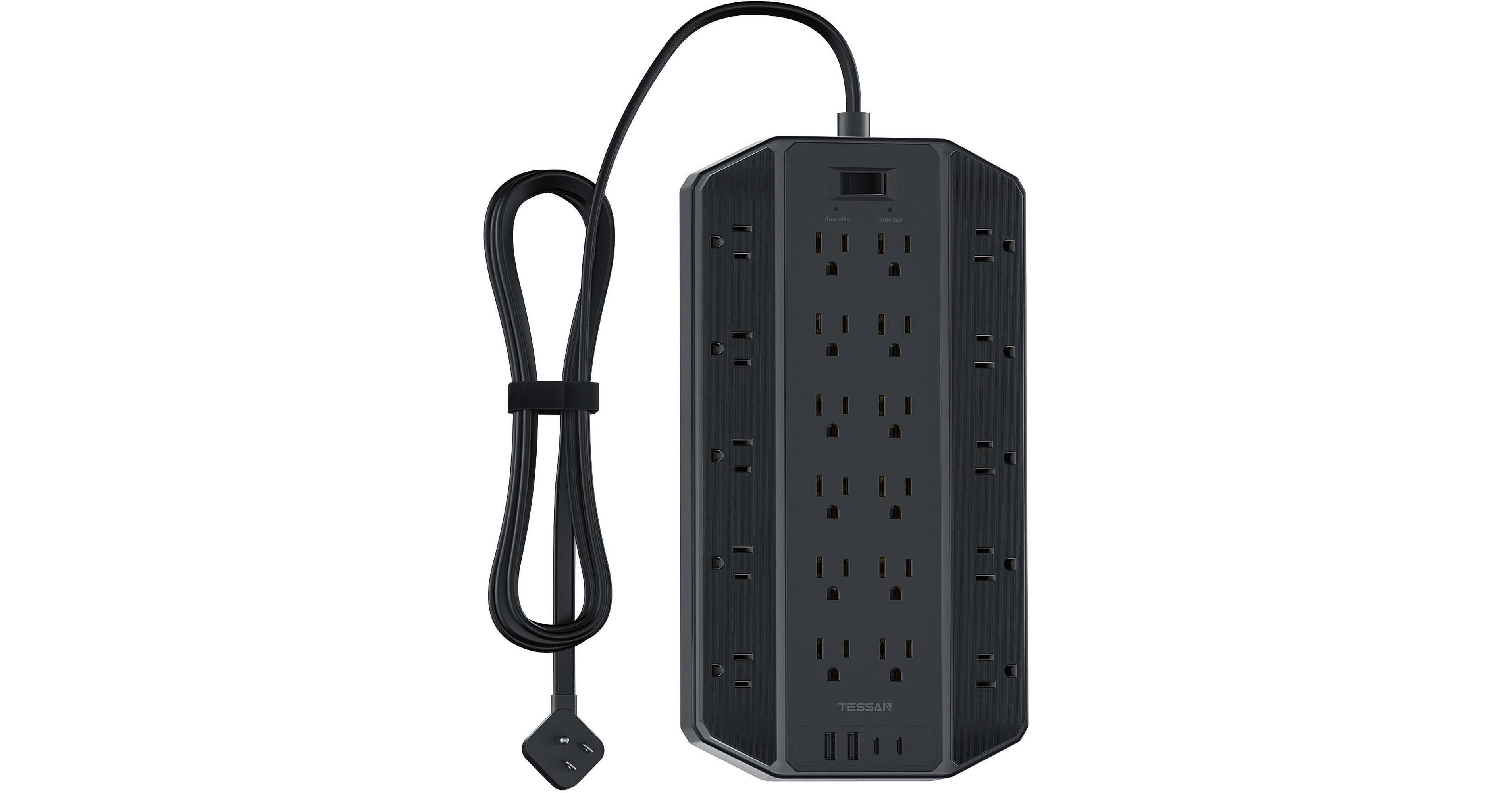 Tessan Surge Protector with 22 Outlets, 2 USB-A & TS-PS04US00-BK