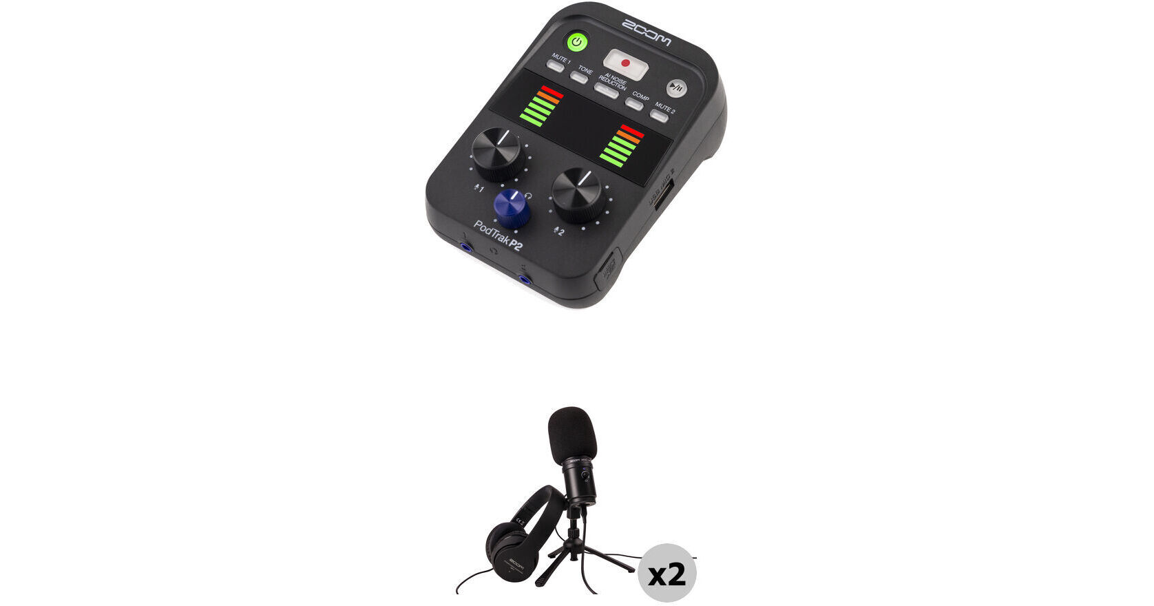Zoom PodTrak P2 Dual USB Mic Recorder Kit with Two ZUM-2 Podcast