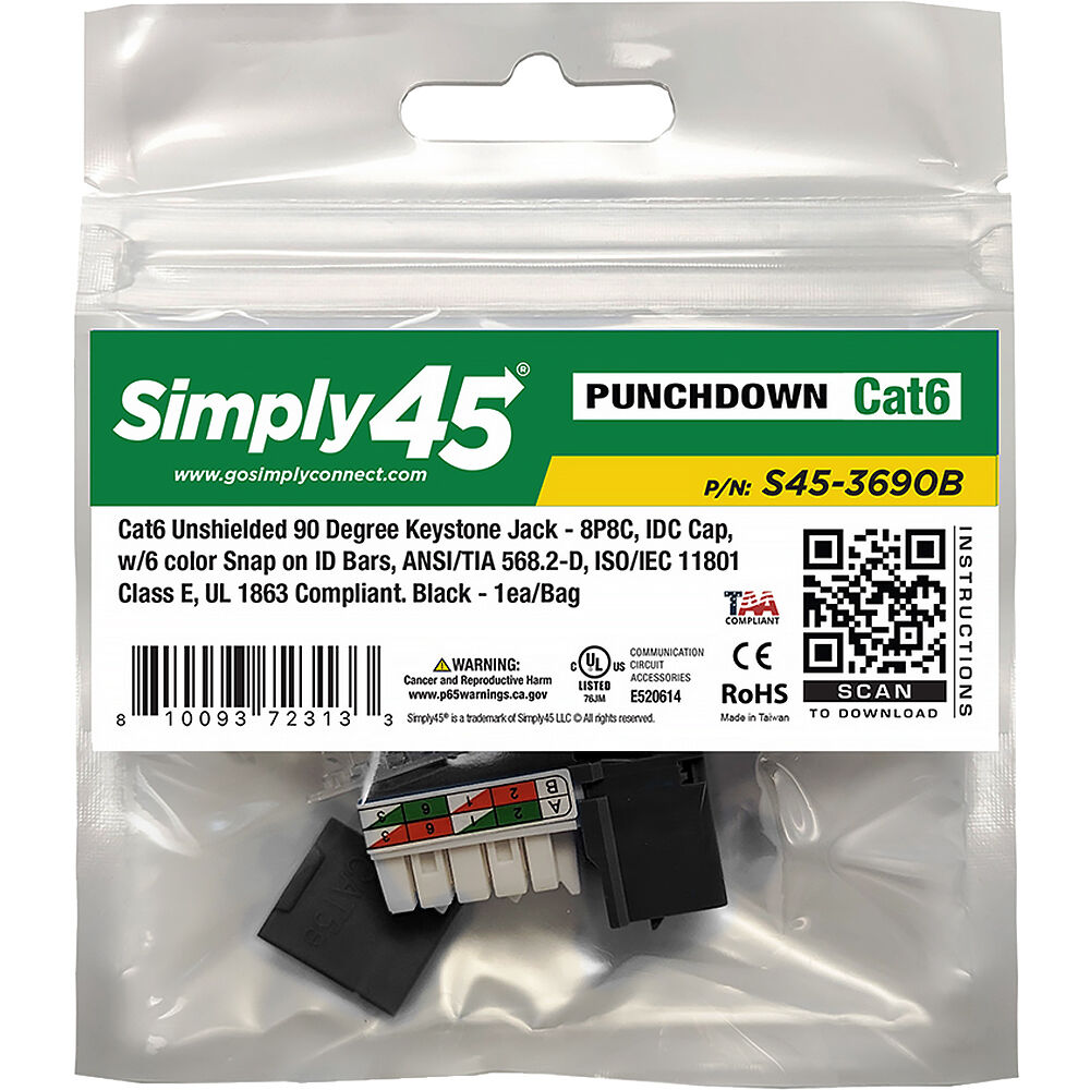 Simply45 Cat6 90° Unshielded Keystone Jack (Black) S45-3690B